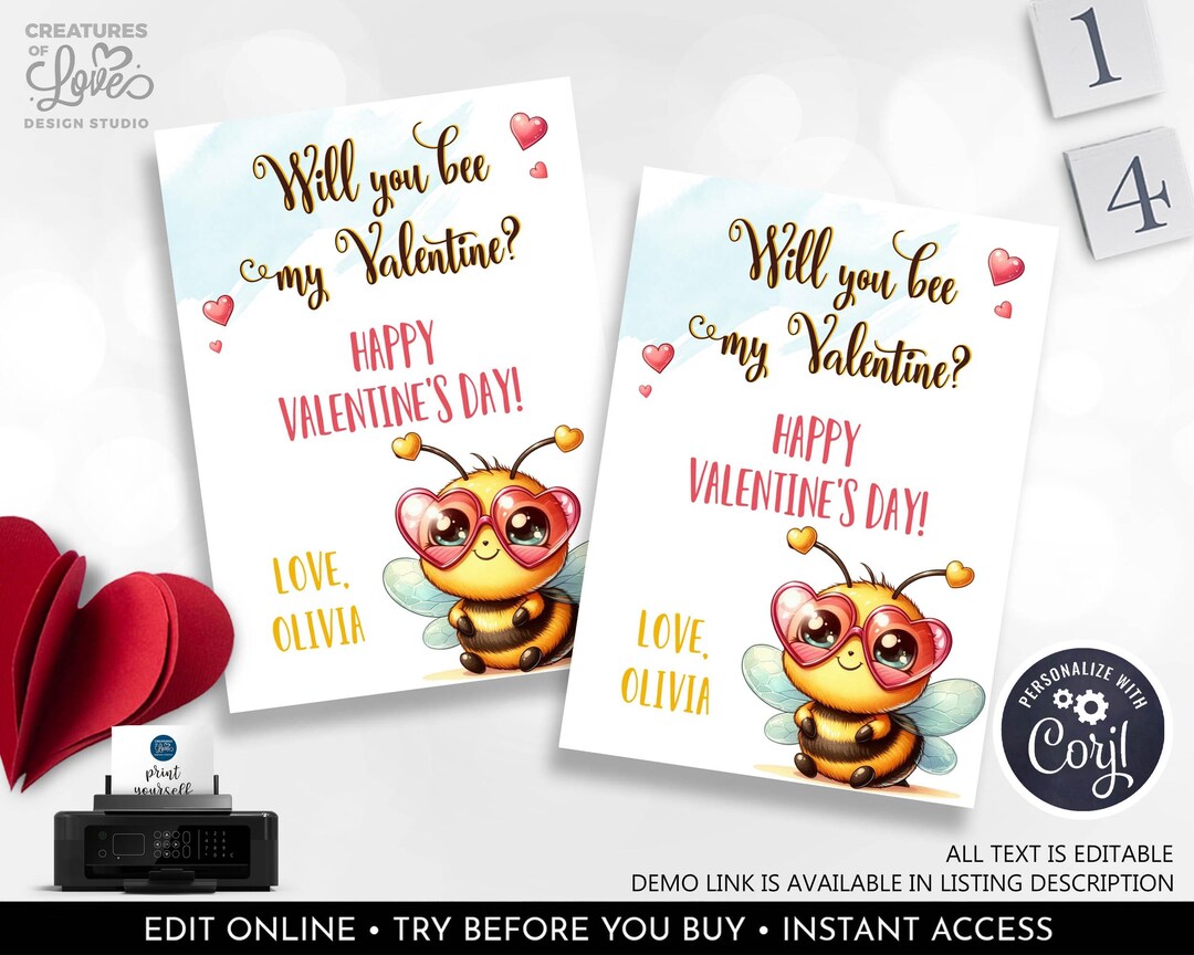 Editable Bee Valentine's Day Cards Bees Valentine Tags Kids Classroom ...