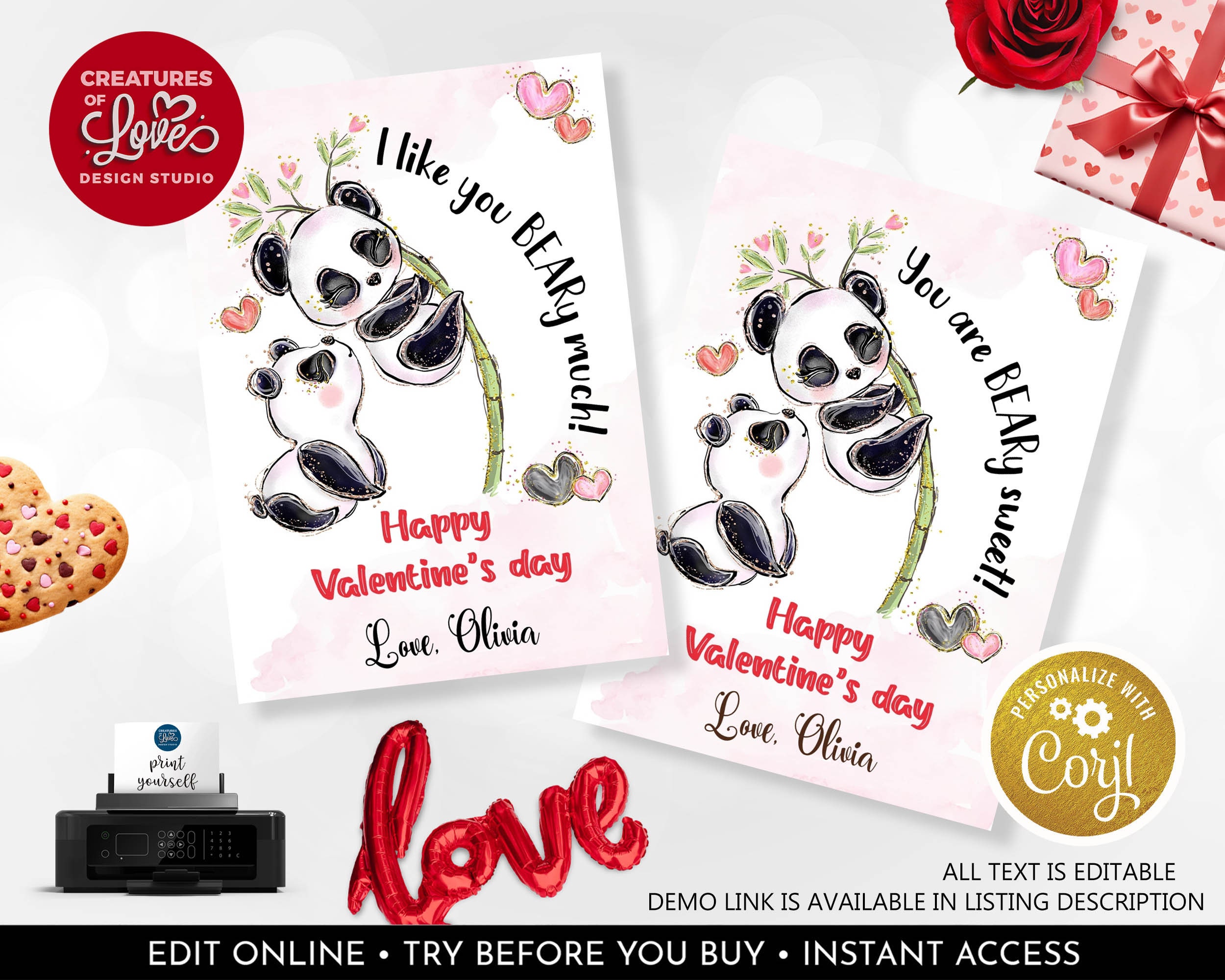 Editable Panda Valentine's Day Card Panda Bear Valentines Kids Cards ...