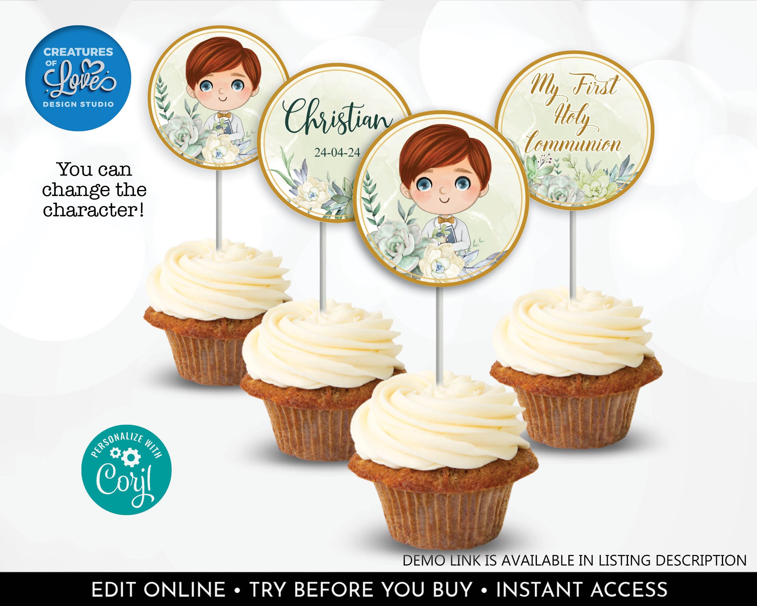 First Communion Cupcake Toppers Editable Boy First Communion Party ...