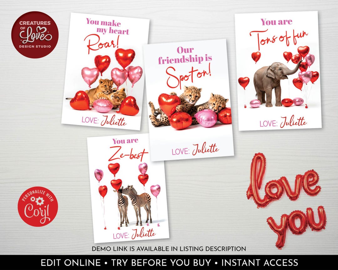 Editable Safari Animals Valentine's Day Cards Wild Animals Jungle ...