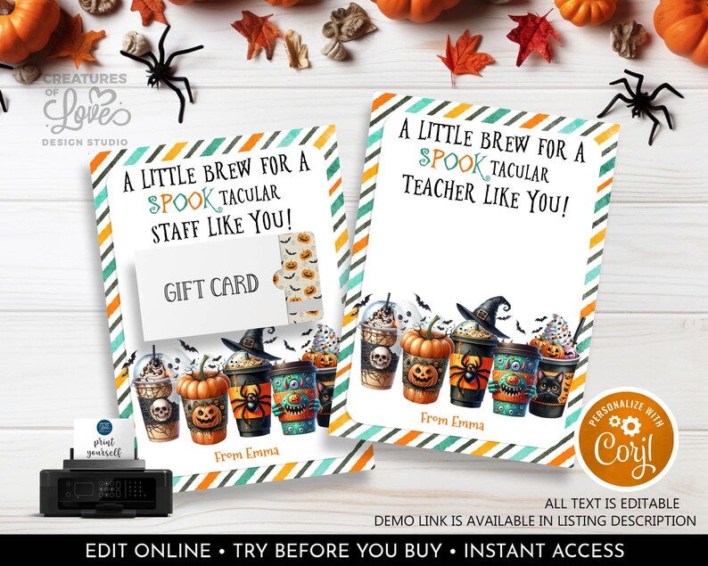 Editable Halloween Coffee Gift Card Holder Little Brew for a ...