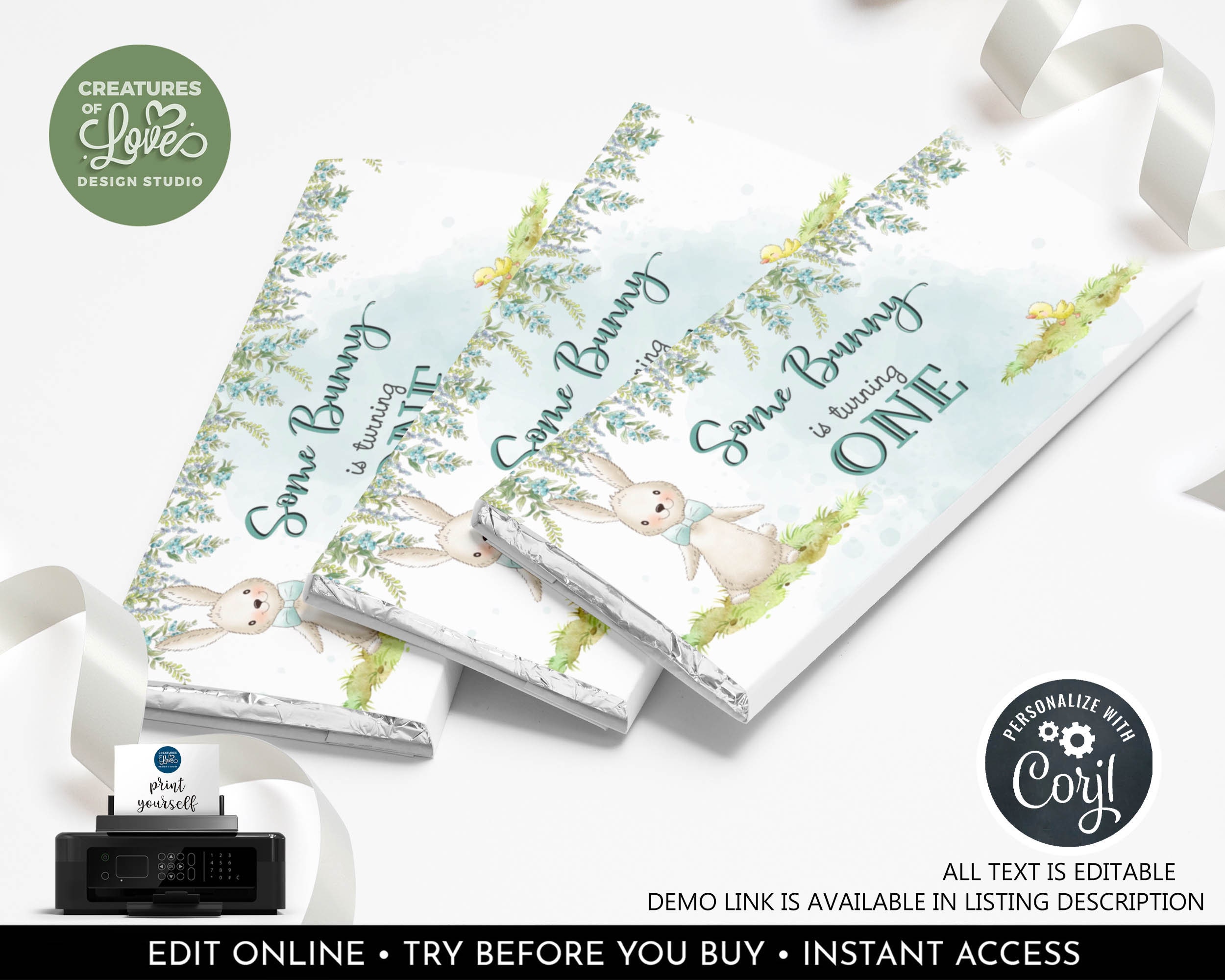 Editable Bunny Chocolate Wrapper Some Bunny Birthday Party Favors Blue ...