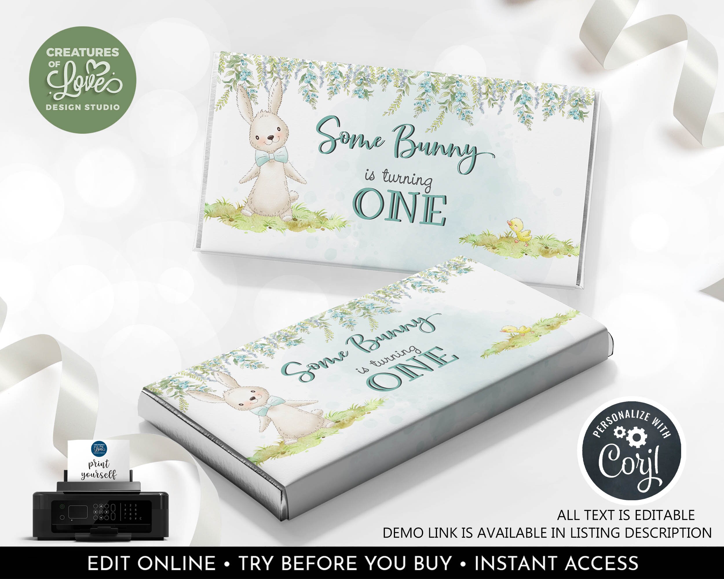 Editable Bunny Chocolate Wrapper Some Bunny Birthday Party Favors Blue ...