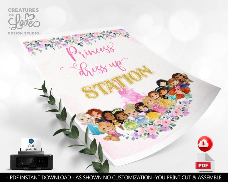 Princess Dress up Station Sign Princess Birthday Party Sign Pink Gold ...