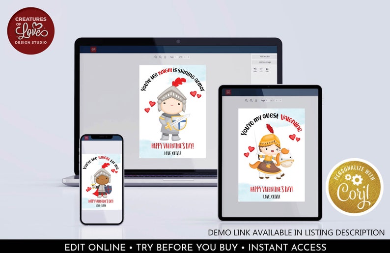 Editable Valentines Day Card Knights and Dragons Valentine's Kids Cards ...