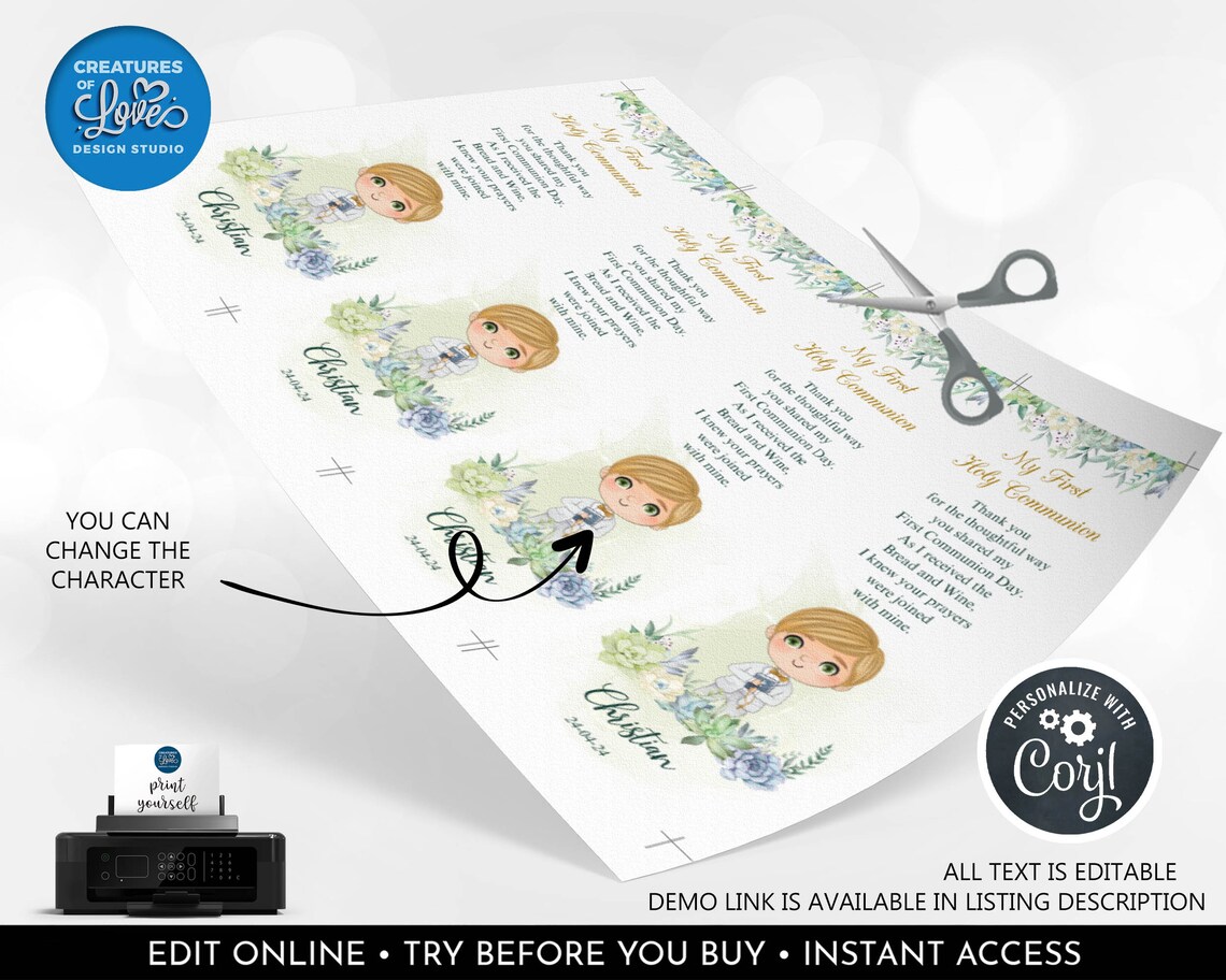 Editable First Holy Communion Bookmarks Template Boy First Communion ...