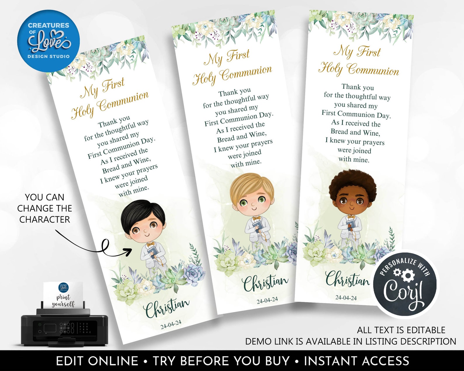 Editable First Holy Communion Bookmarks Template Boy First Communion ...