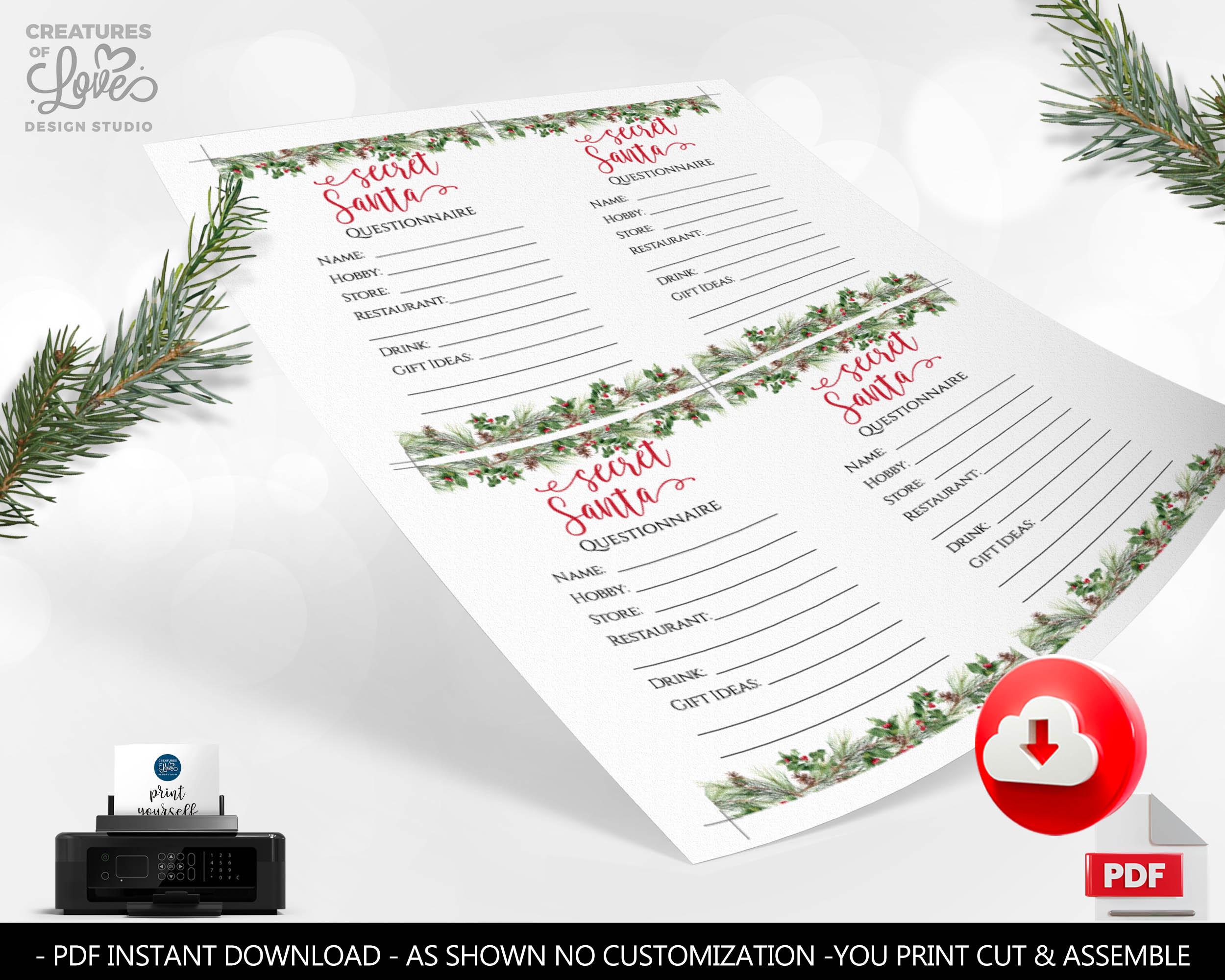 Secret Santa Questionnaire Card Secret Santa Gift Exchange Holiday ...