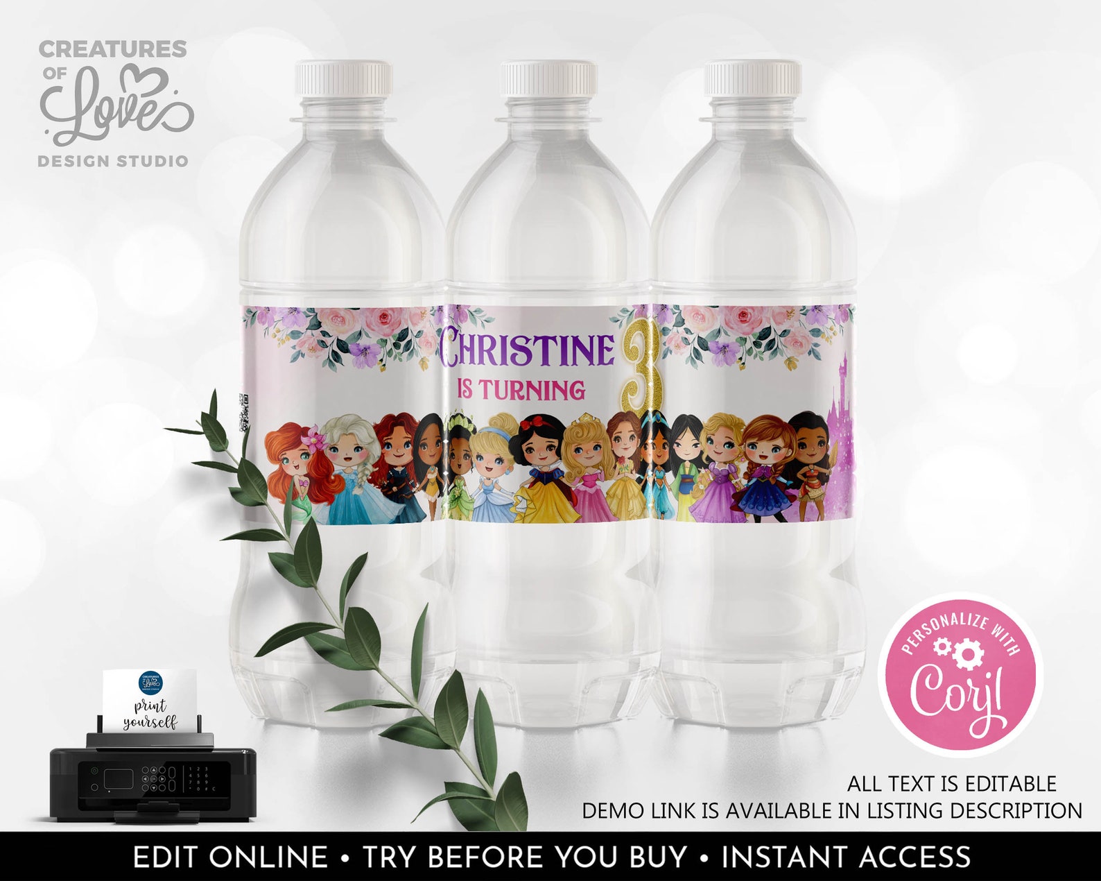Editable Princess Water Bottle Labels Princess Royal Palace Pink Floral ...
