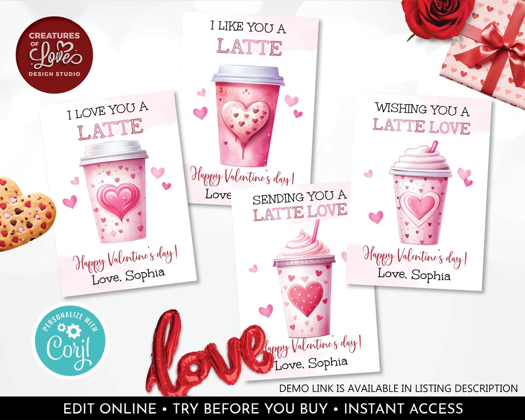 Editable Coffee Valentine's Day Cards Latte Valentines Day Tags ...