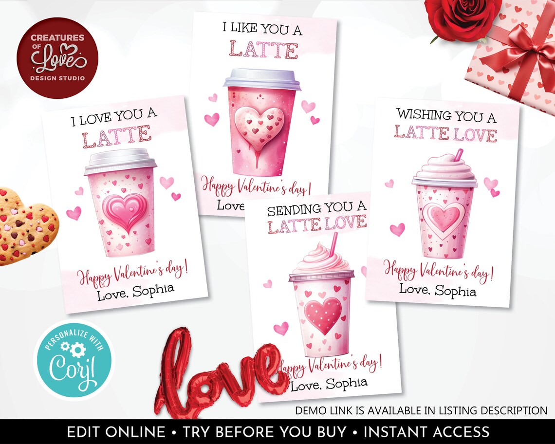 Editable Coffee Valentine's Day Cards Latte Valentines Day Tags ...