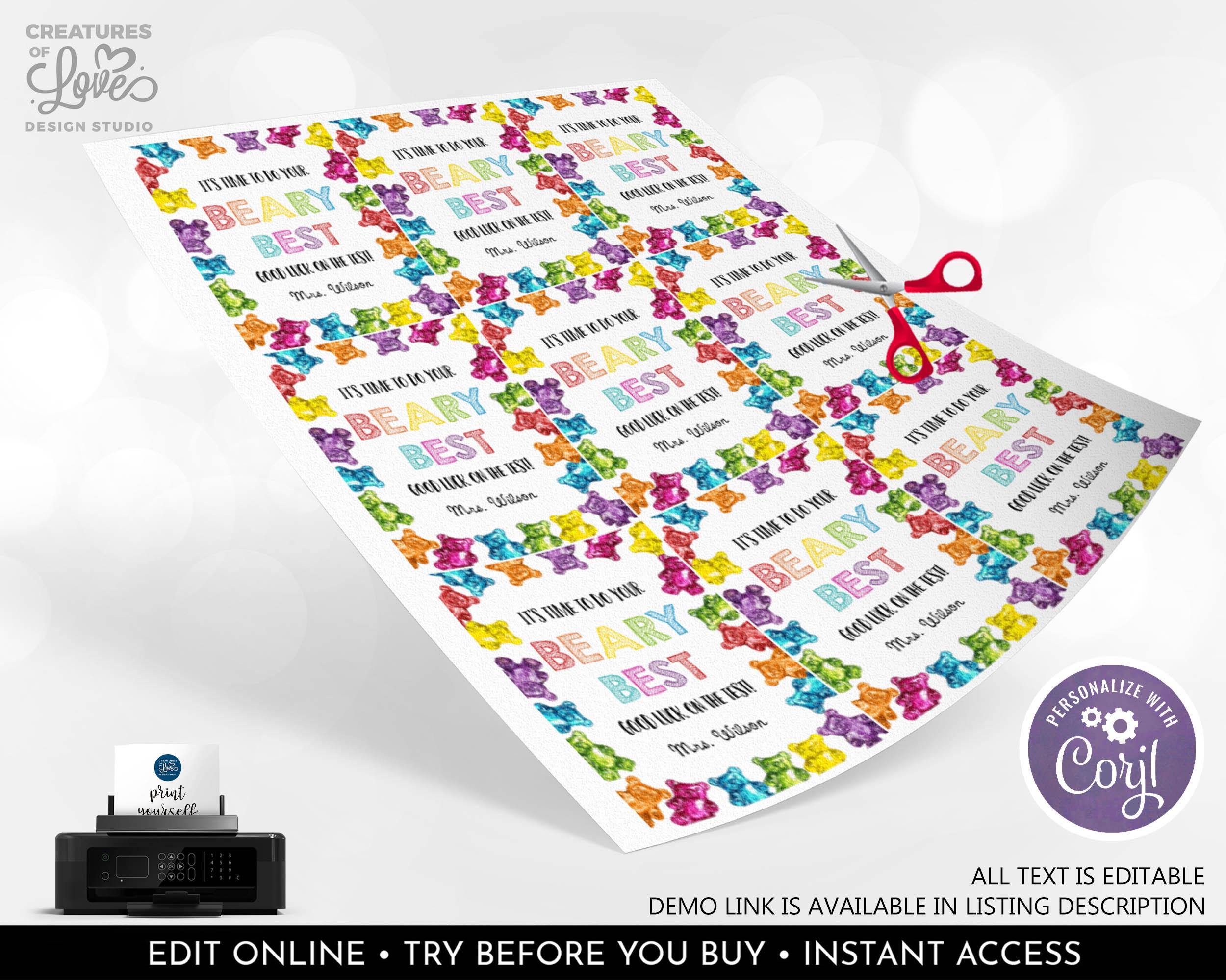 Editable Good Luck Test Day Tag Gummy Bears Treat Tag Teacher School ...