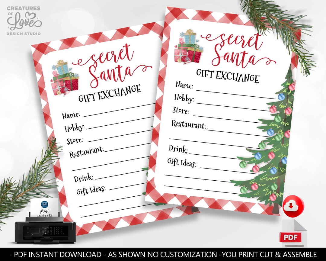 Secret Santa Questionnaire Card Secret Santa Gift Exchange Holiday ...