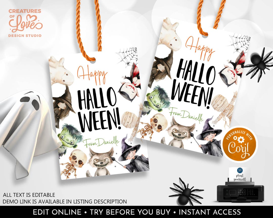 Editable Happy Halloween Gift Tags Trick or Treat Favor Tags Halloween ...