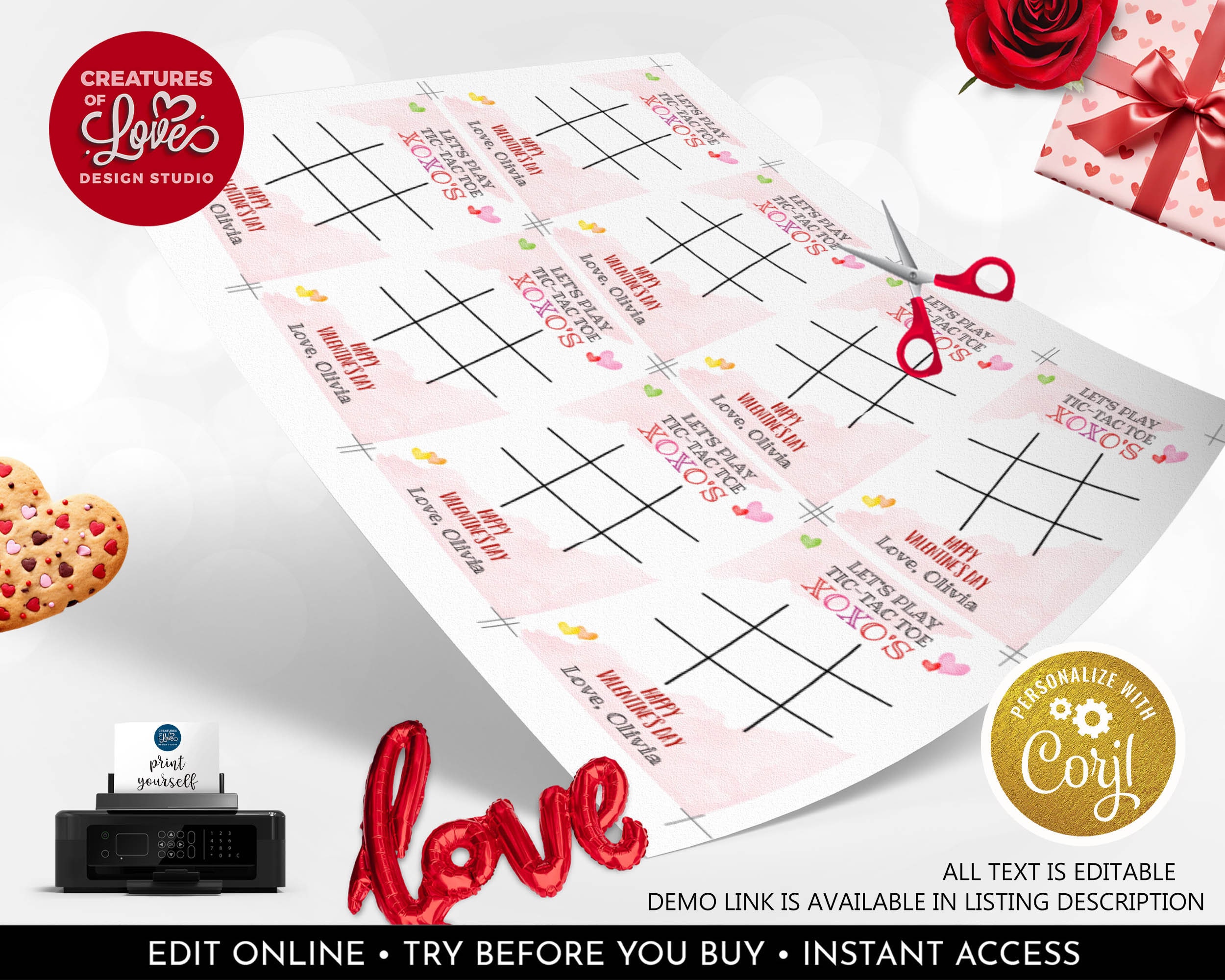 Tic Tac Toe Valentine's Day Card Valentines Day Tic Tac Tags Kids Cards ...