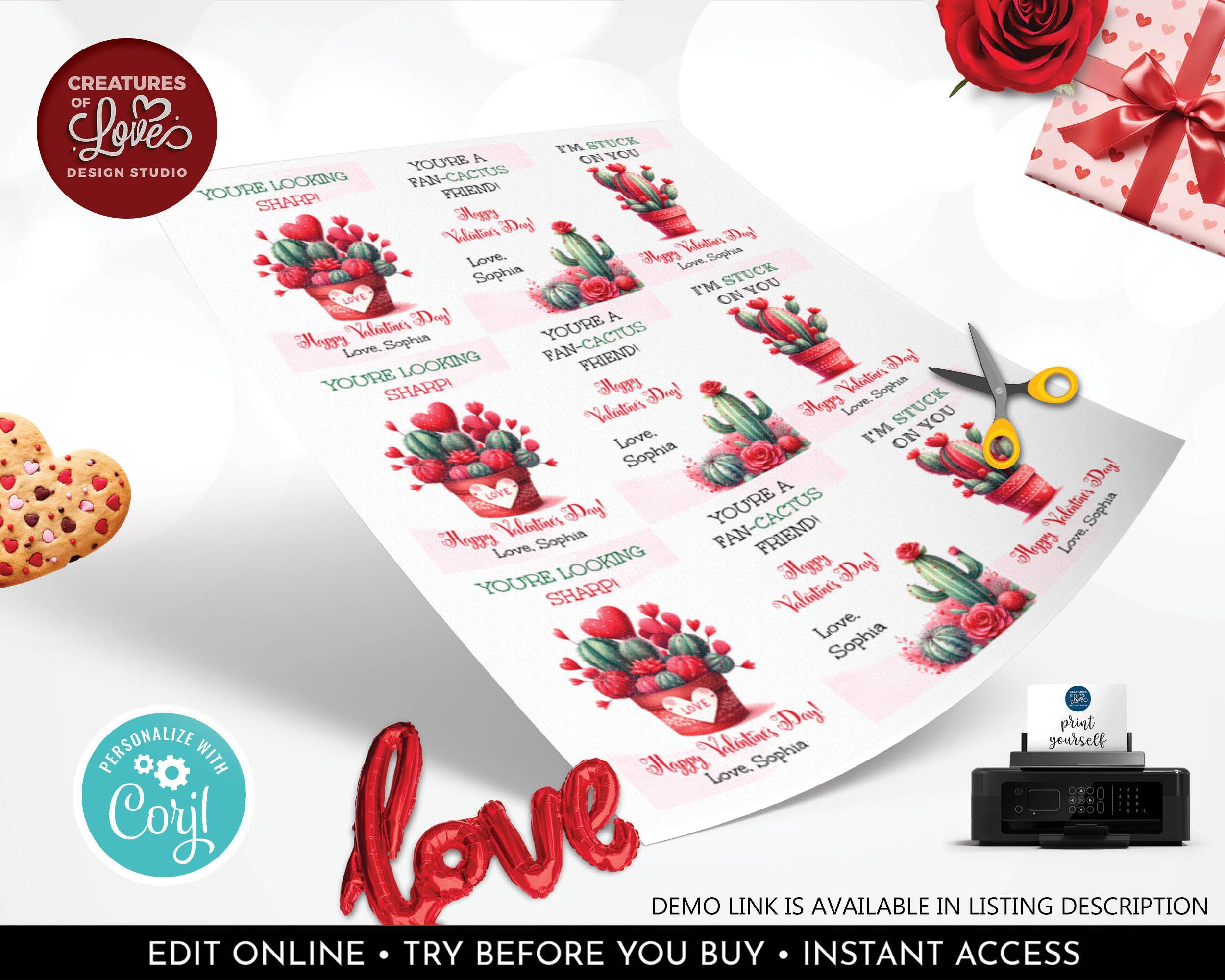 Editable Valentine's Day Cards Cactus Valentines Card School Kids Cards ...