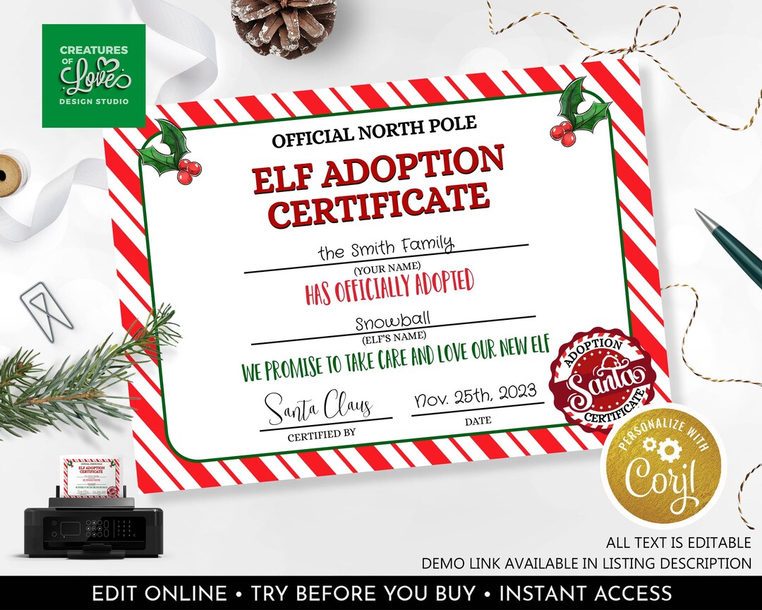 Editable Elf Adoption Certificate Santa's Official Adopt Elf ...