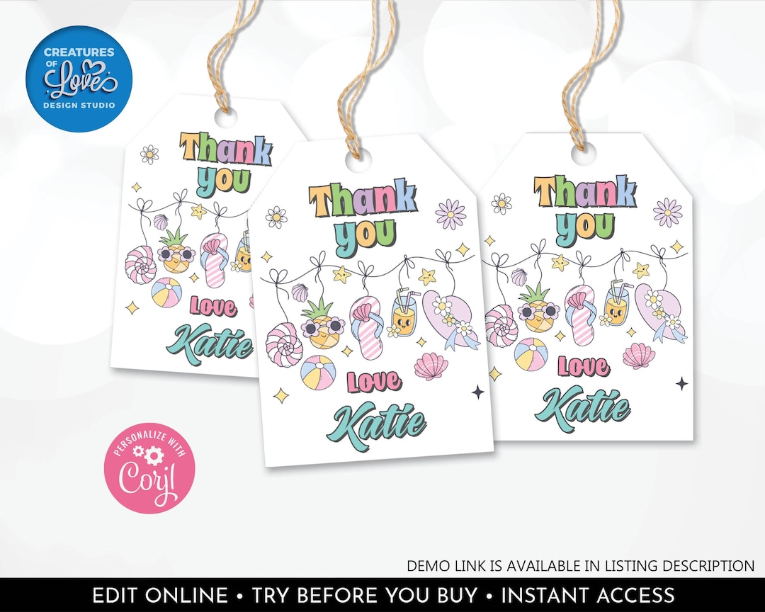 Editable Groovy Favor Tag Splash Groovy Summer Pool Birthday Party ...