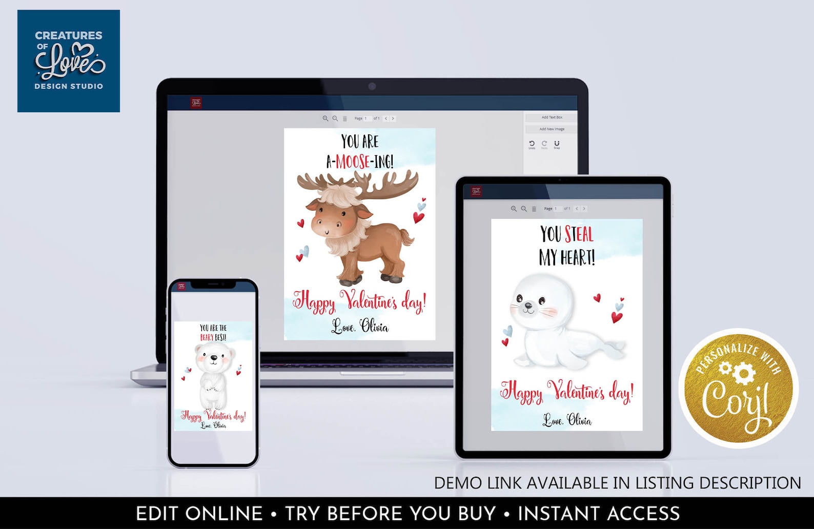 Editable Valentines Day Card Cute Artic Animals Kids Cards Classroom ...