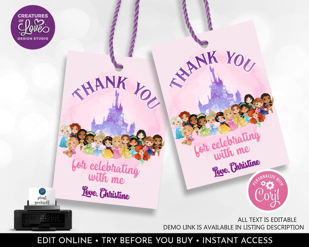 Editable Princess Thank You Tag Princess Gift Tags Pink Floral Princess ...