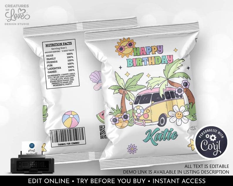 Editable Groovy Chip Bag Groovy Summer Birthday Party Favors Hippie ...
