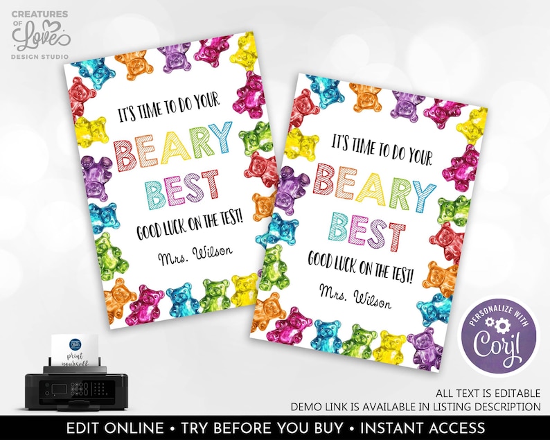 Editable Good Luck Test Day Tag Gummy Bears Treat Tag Teacher School ...