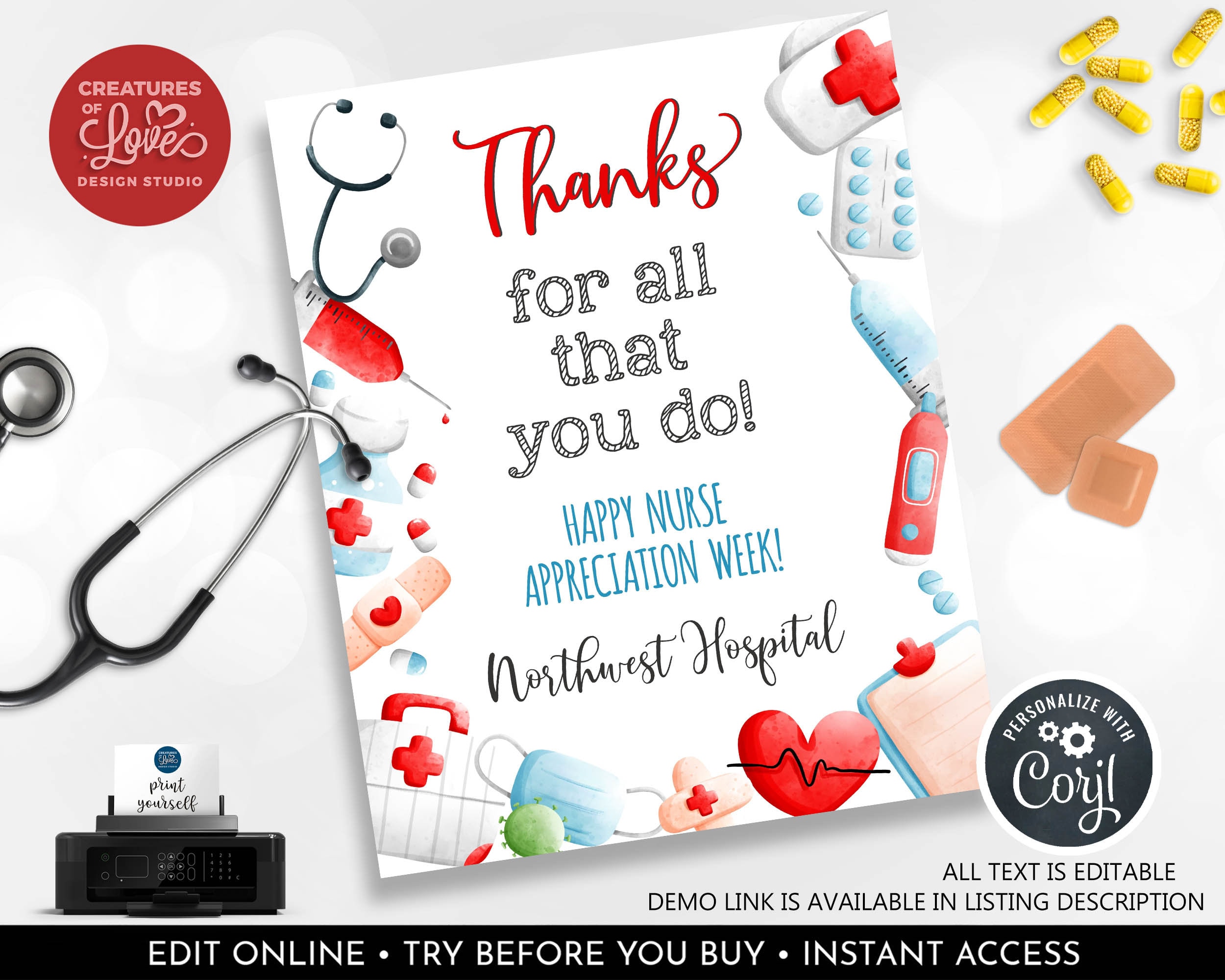 Editable Nurse Appreciation Sign Healthcare Hospital Staff Thank You ...
