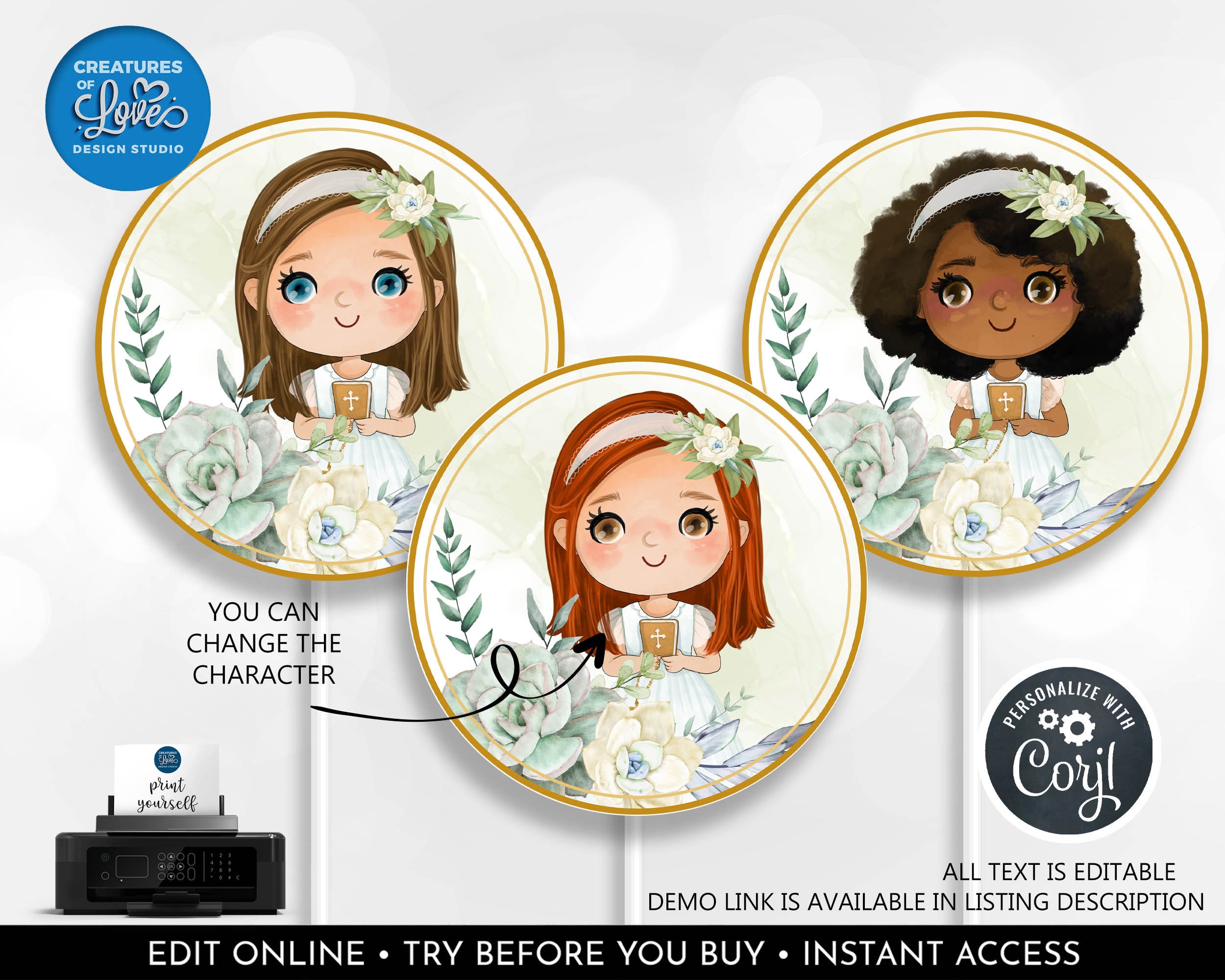 First Communion Centerpieces Editable Girl First Holy Communion Cake ...