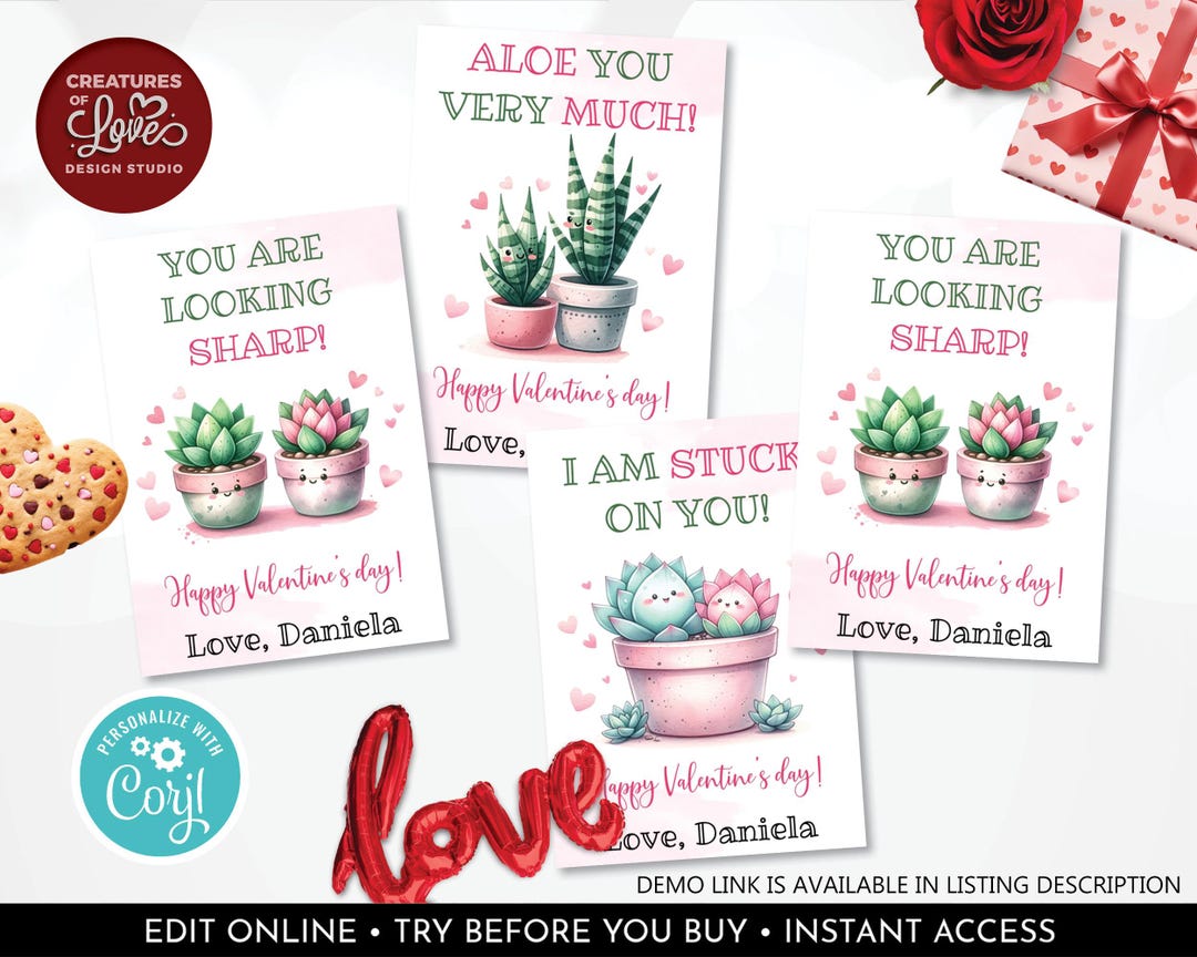 Editable Succulent Valentine's Day Cards Cactus Valentines Card School ...