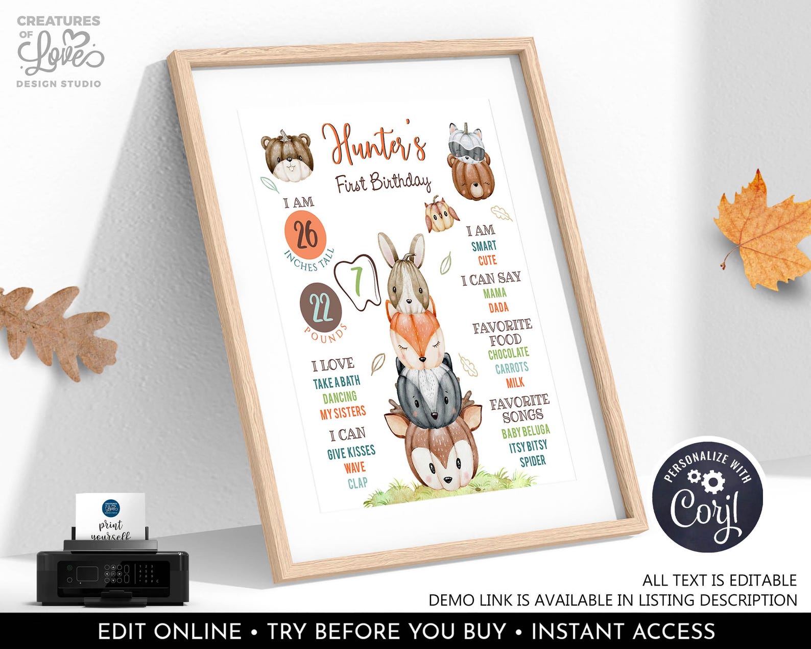 EDITABLE Little Pumpkin First Birthday Milestone Board Fall Woodland ...