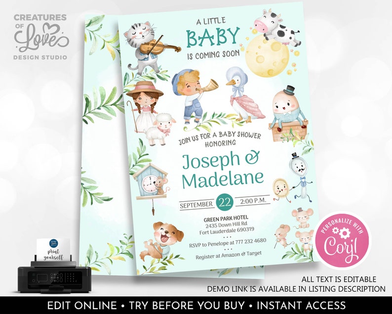 Nursery Rhymes Baby Shower Invitation Editable Mother Goose Nursery ...