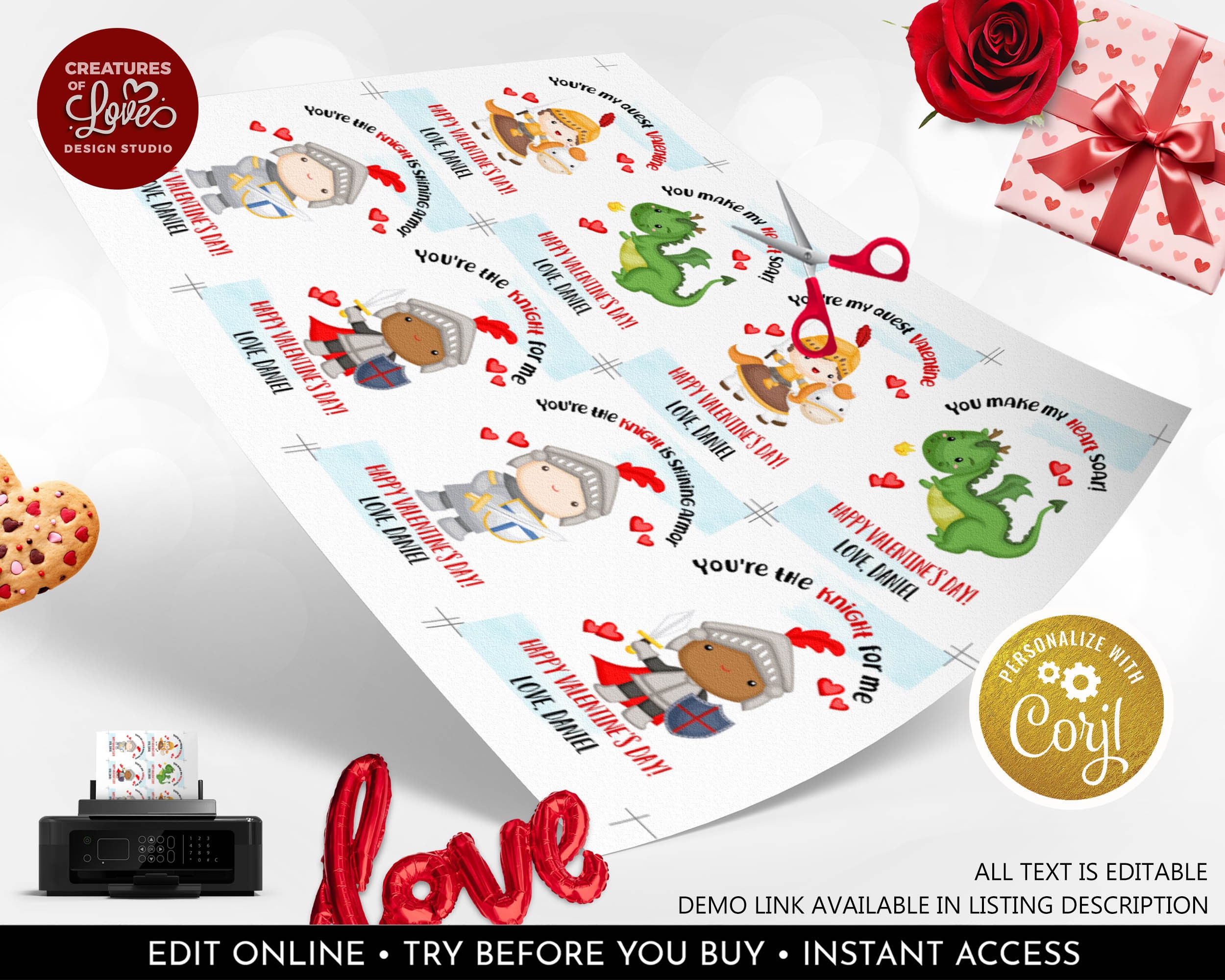 Editable Valentines Day Card Knights and Dragons Valentine's Kids Cards ...