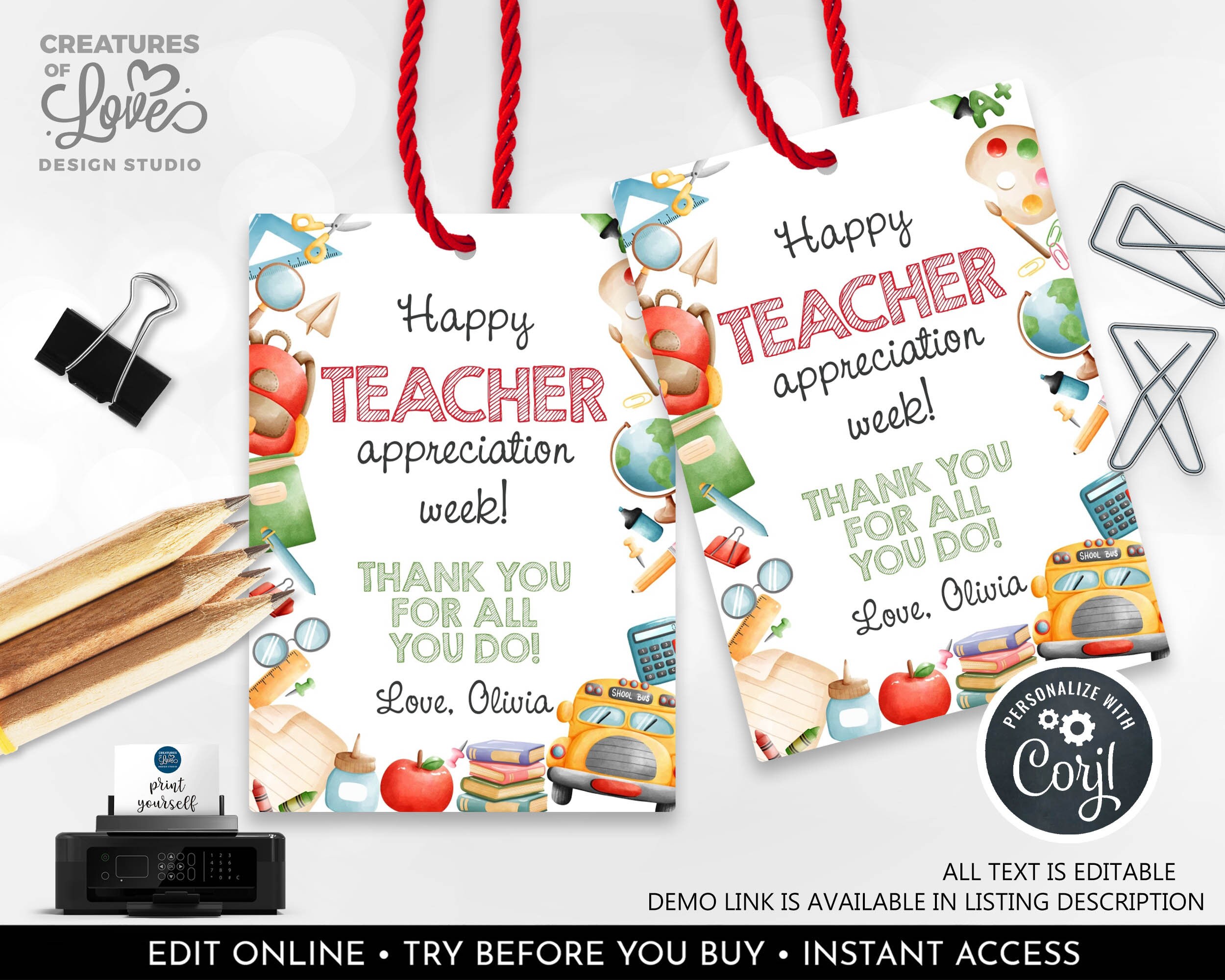 EDITABLE Teacher Appreciation Gift Tag School Gift Tag Student Employee ...