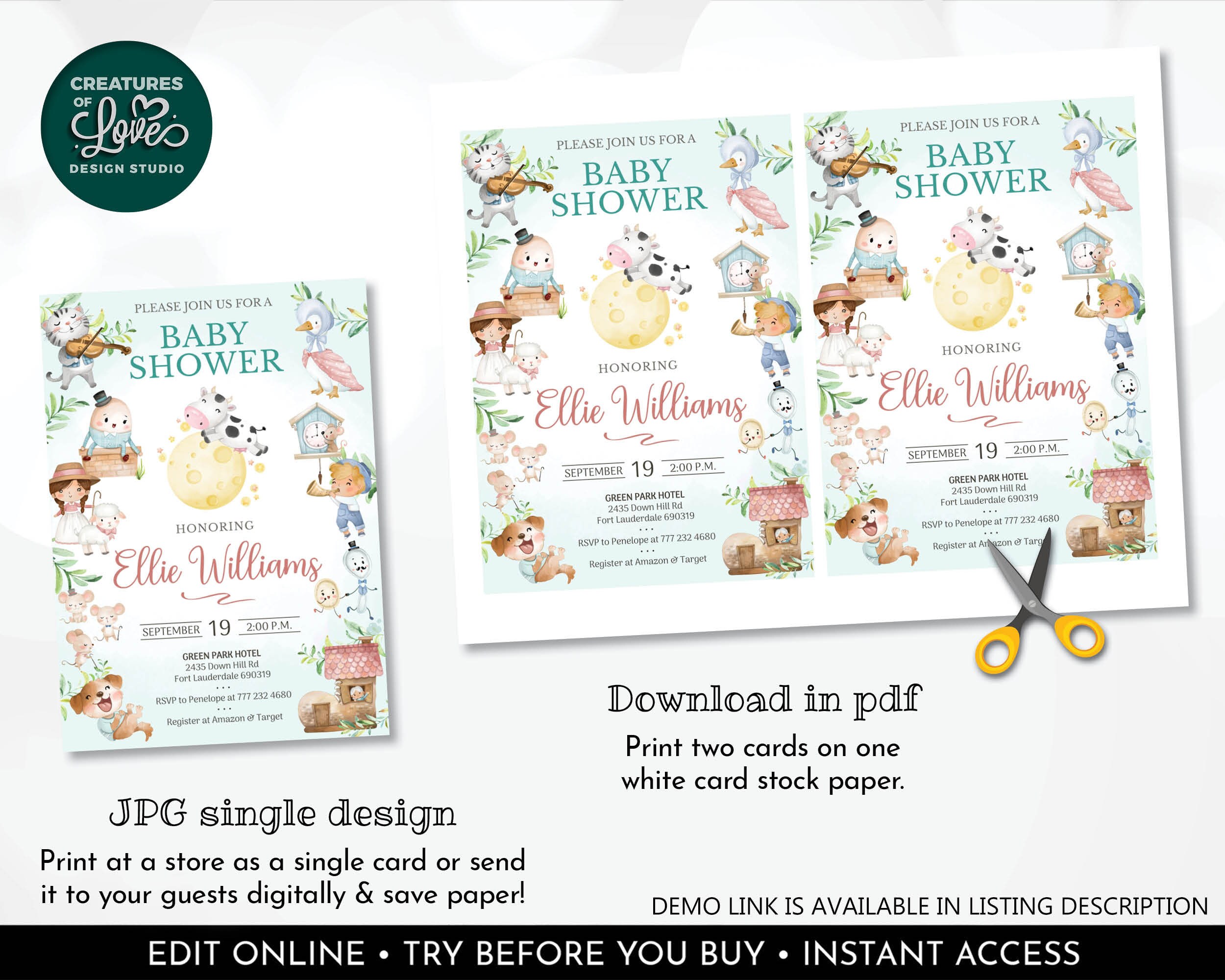 Nursery Rhymes Baby Shower Invitation Editable Mother Goose Nursery ...