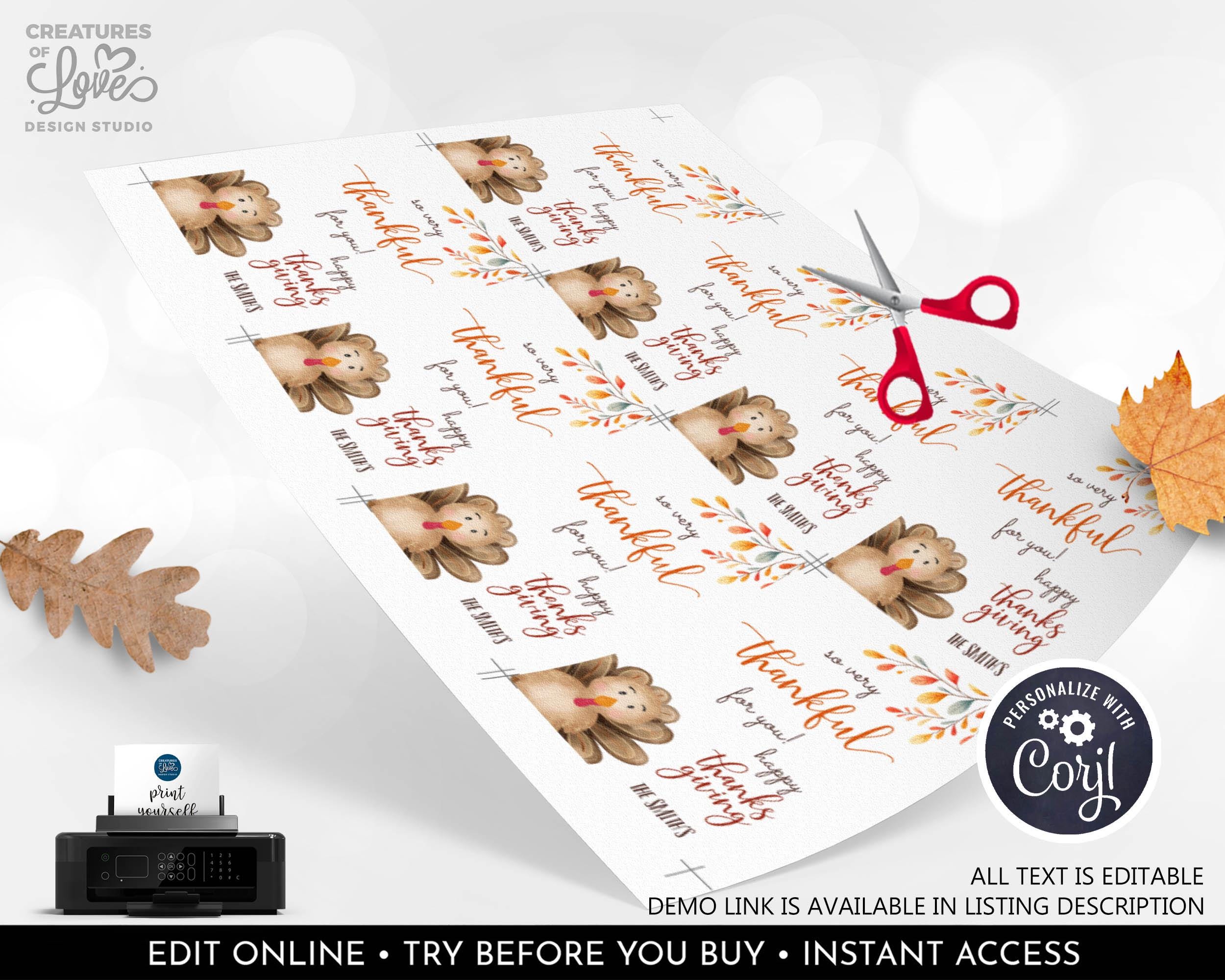 Editable Thanksgiving Gift Tags Grateful Turkey Favor Tag Thank You ...