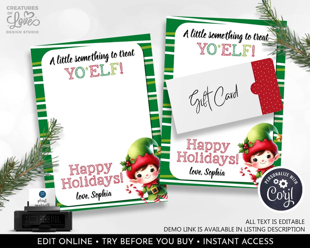 Editable Elf Christmas Gift Card Holder Treat Yo' Elf Card Holder ...