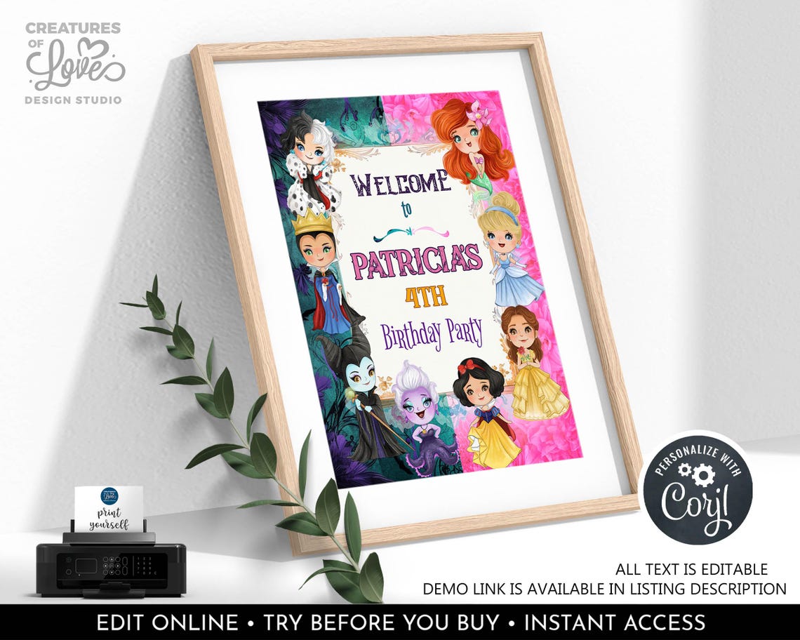 Princess Vs Villains Welcome Sign Editable Princess Witches Birthday ...