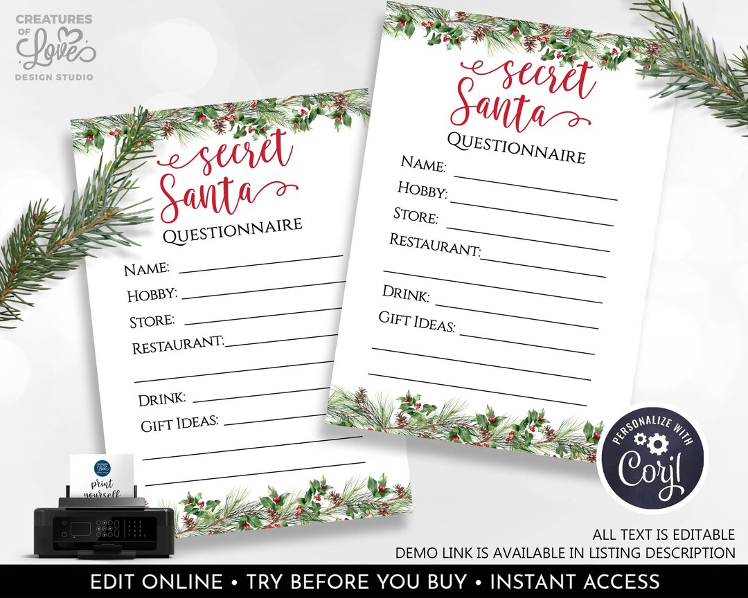 Editable Secret Santa Gift Exchange Card Secret Santa Wish List ...