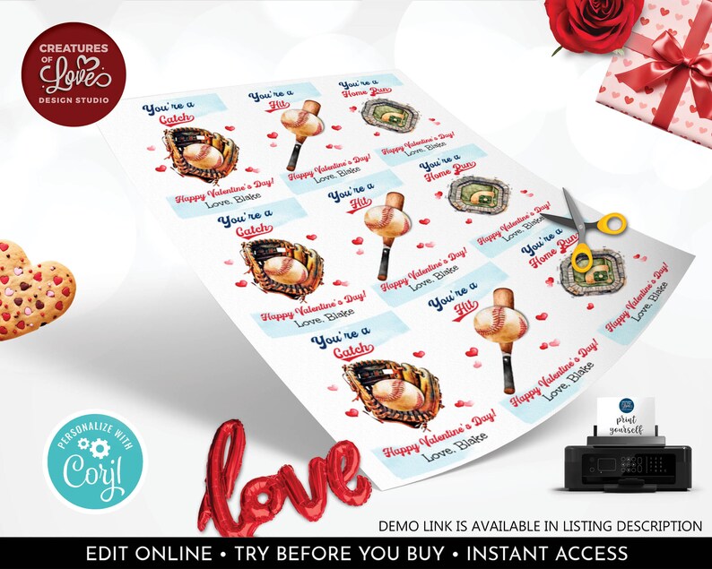 Editable Baseball Valentine's Day Cards Valentine's Day Gift Tags ...