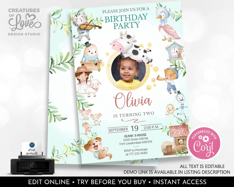 Nursery Rhymes Invitation Editable Mother Goose Nursery Rhymes Birthday ...