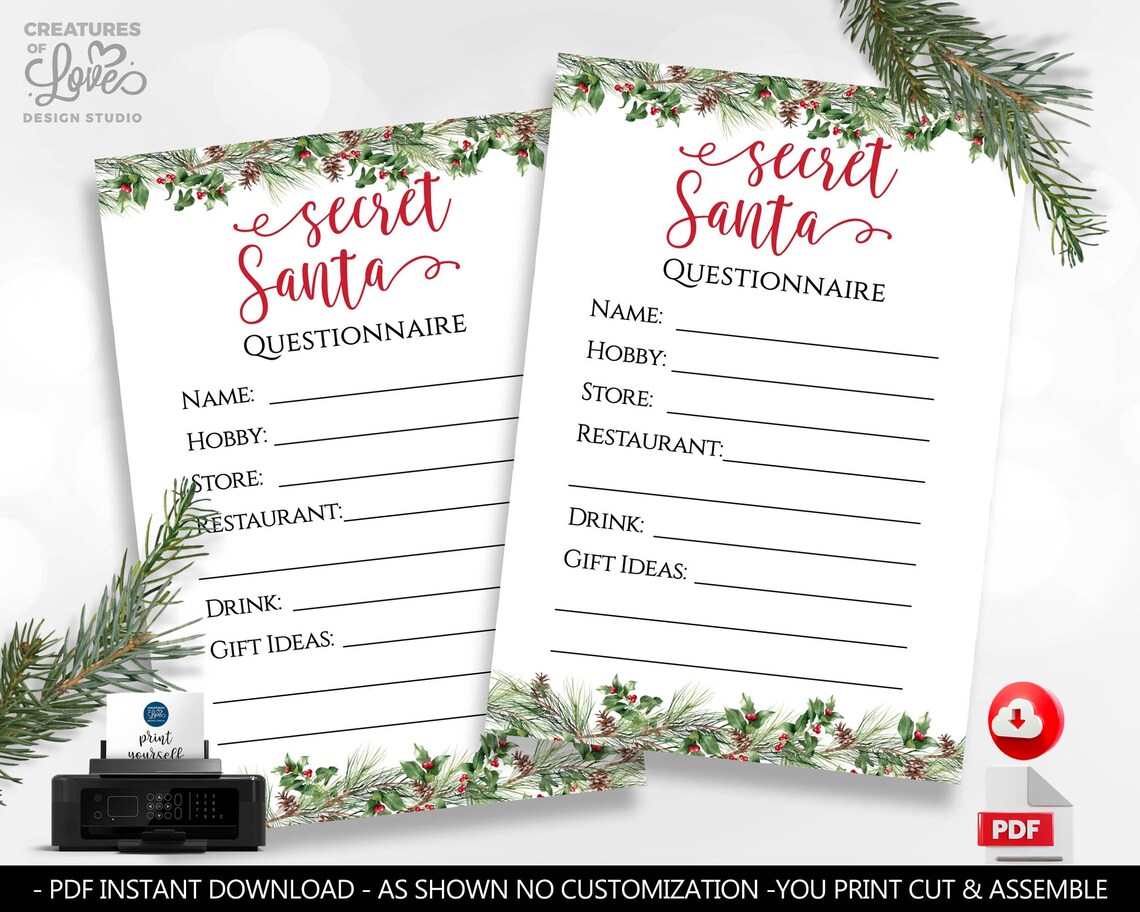 Secret Santa Questionnaire Card Secret Santa Gift Exchange Holiday ...