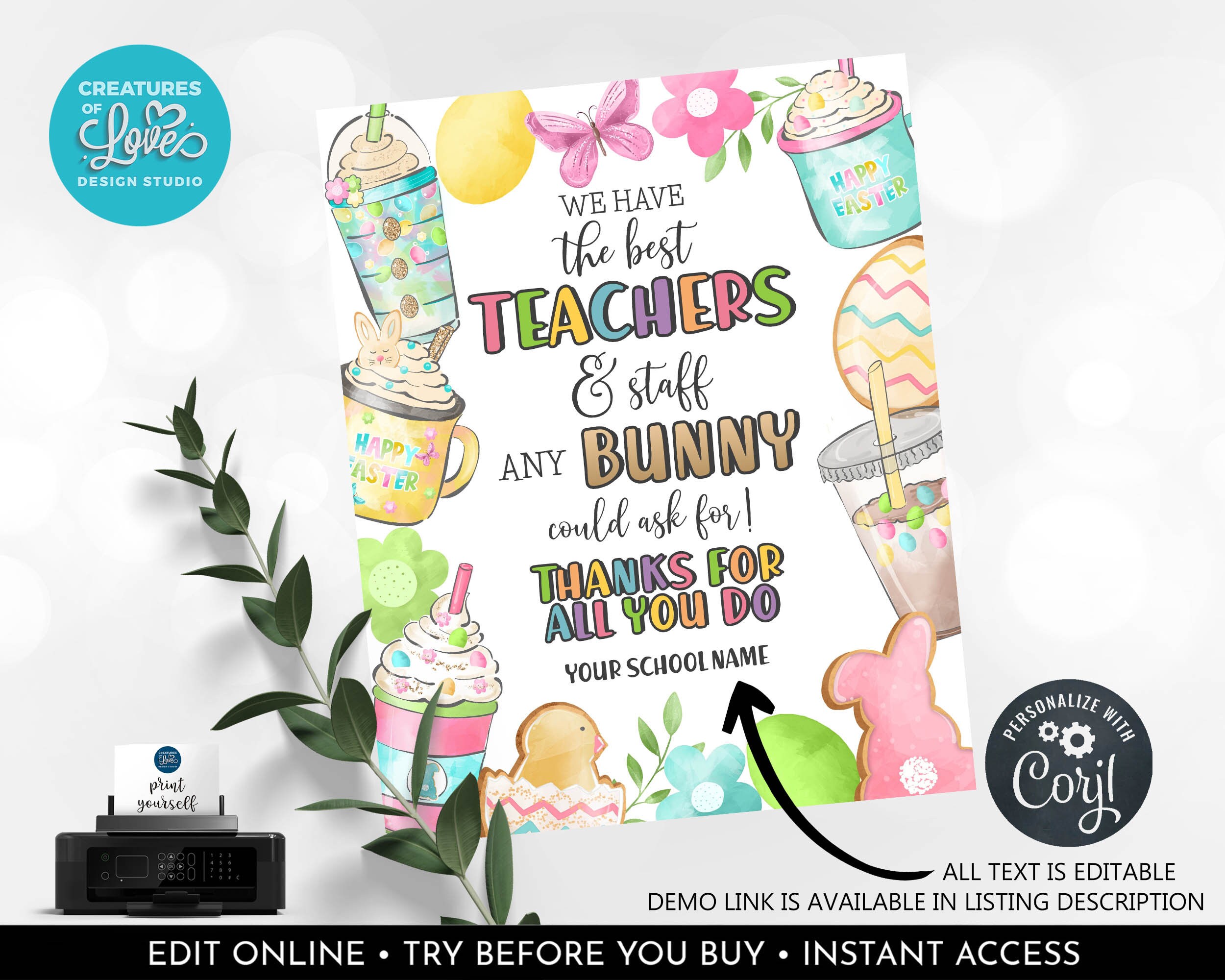 Editable Bunny Teachers and Staff Appreciation Printable Sign Happy ...
