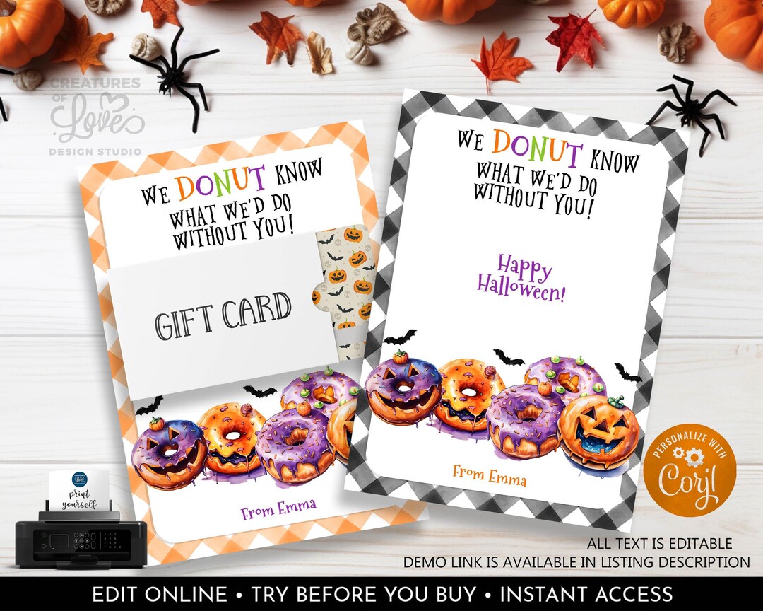 Editable Halloween Donut Gift Card Holder Halloween Teacher School ...