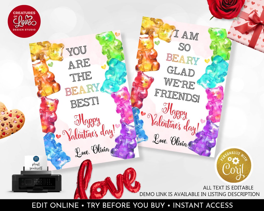 Gummy Bears Valentine's Day Cards Classroom School Teacher Valentines ...