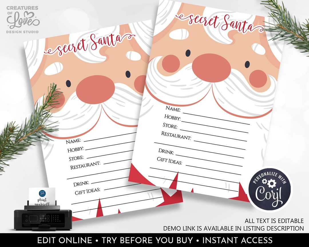 Editable Secret Santa Gift Exchange Card Secret Santa Wish List ...