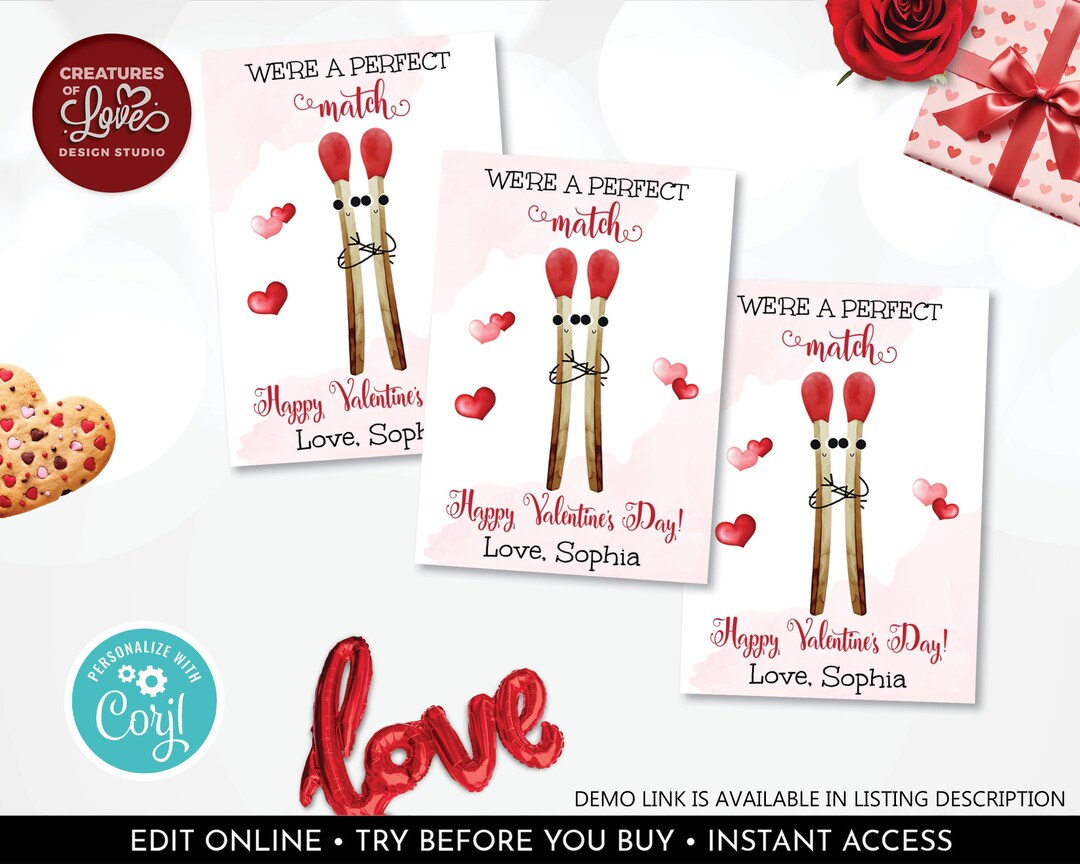 Editable Perfect Match Valentine's Day Cards Valentines Day Tags School ...