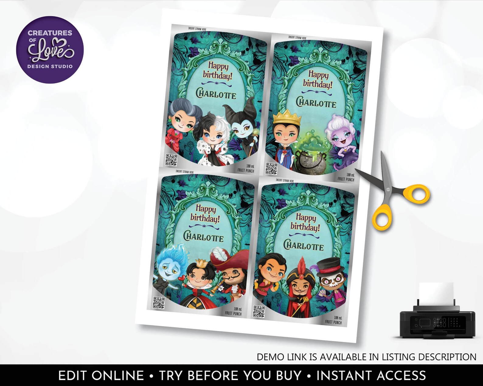 Editable Villains Juice Pouch Label Evil Characters Birthday Party ...