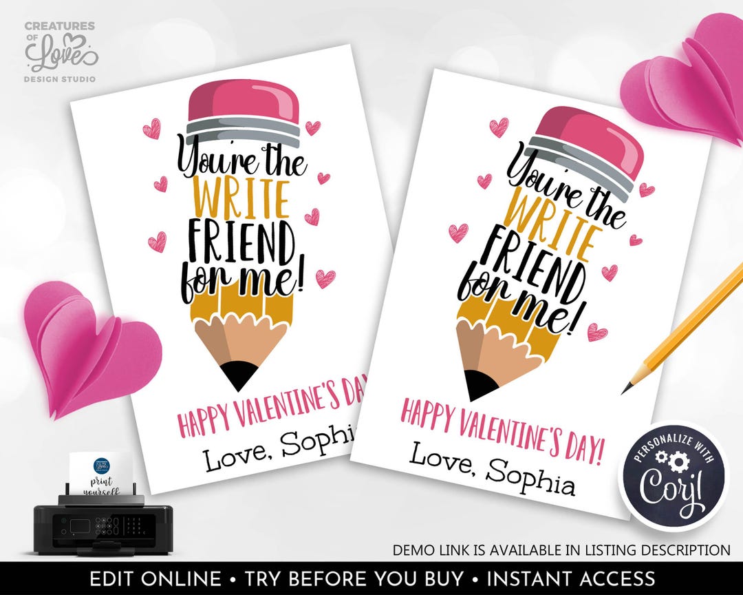 Editable Valentine's Day Pencil Tags Valentines You're the Write Friend ...