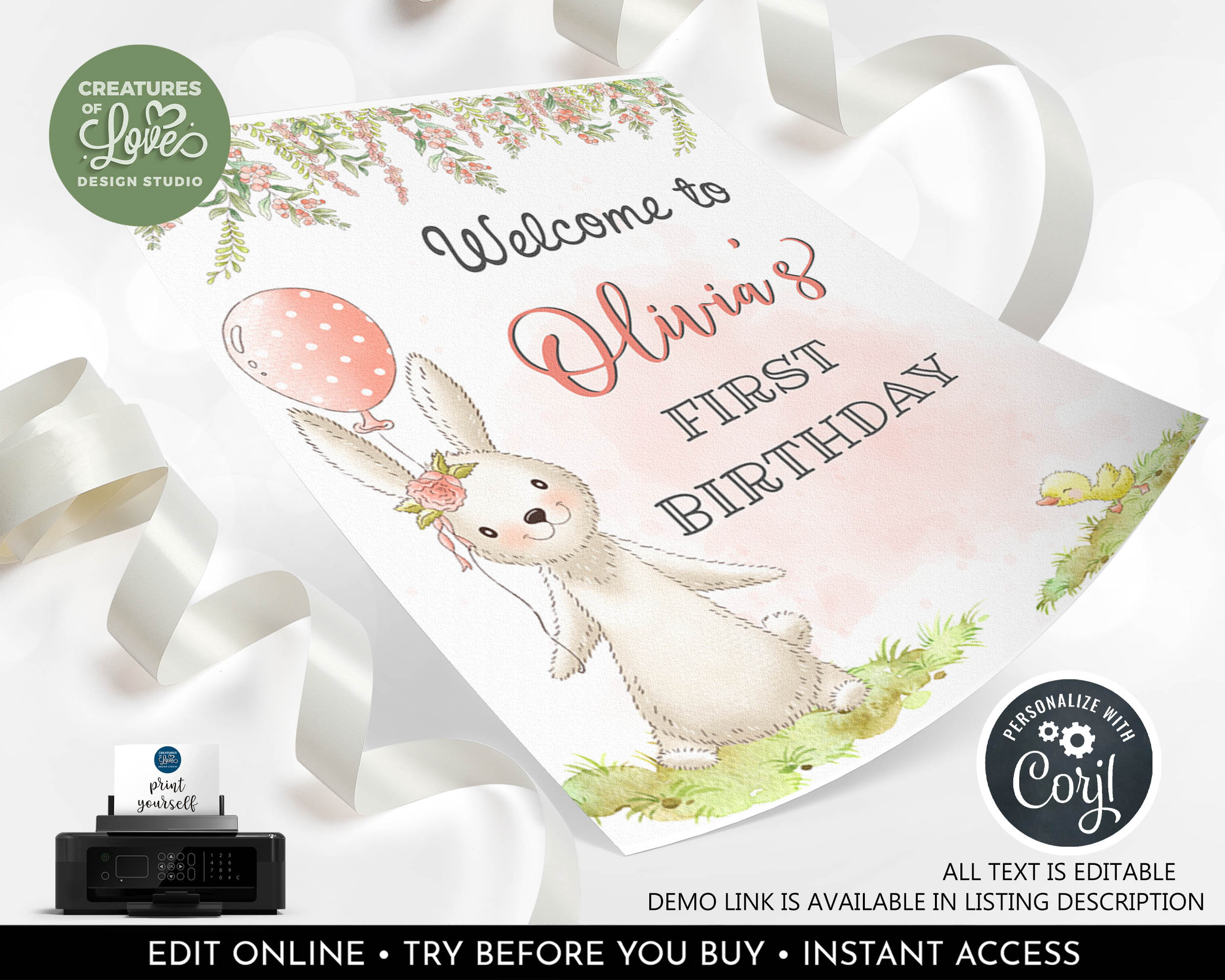Editable Bunny Welcome Sign Some Bunny is One Birthday Party Sign Pink ...