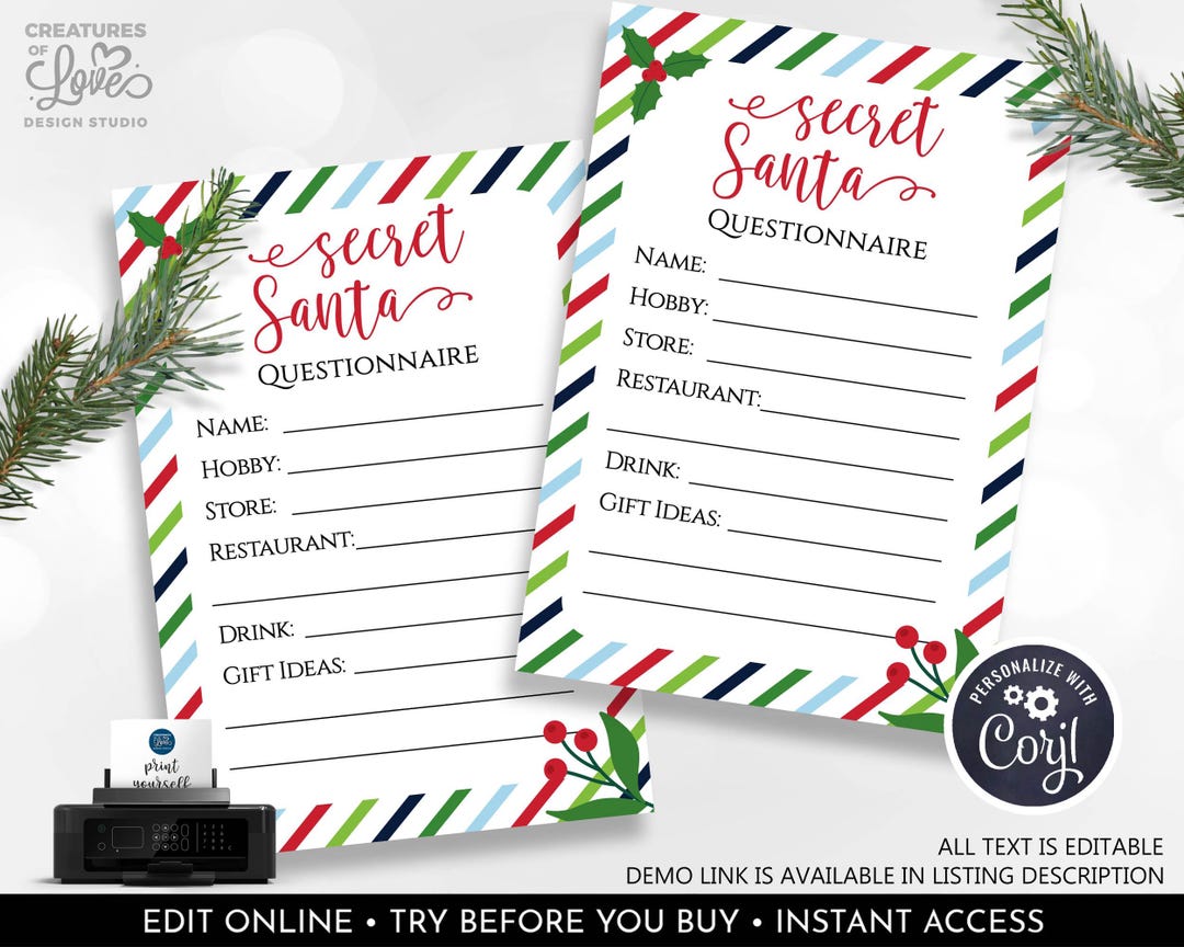 Editable Secret Santa Gift Exchange Cards Secret Santa Wish List ...